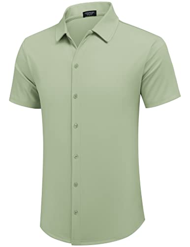 COOFANDY Mens Shirt Button Down Wrinkle Free Casual Stretch Dress, Light Green, Large, Short Sleeve
