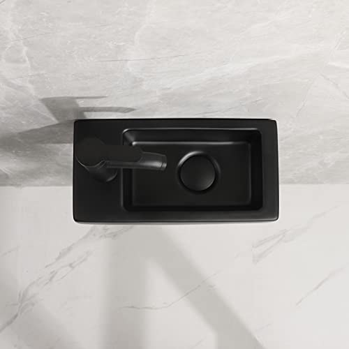 Black Bathroom Rectangle Wall Hung Porcelain Ceramic Small Sink Wash Art Basin with Overflow&Faucet for Cloakroom Lavatory Toilet (Left Hand)