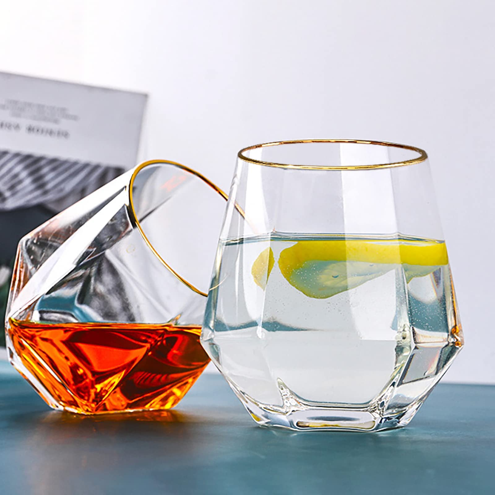 Diamond Wine Glass Set of 2, Modern Stemless Golden Edge Glass Cups Drinking Glassware for Serving Party,Home,Bar, Restaurants Transparent