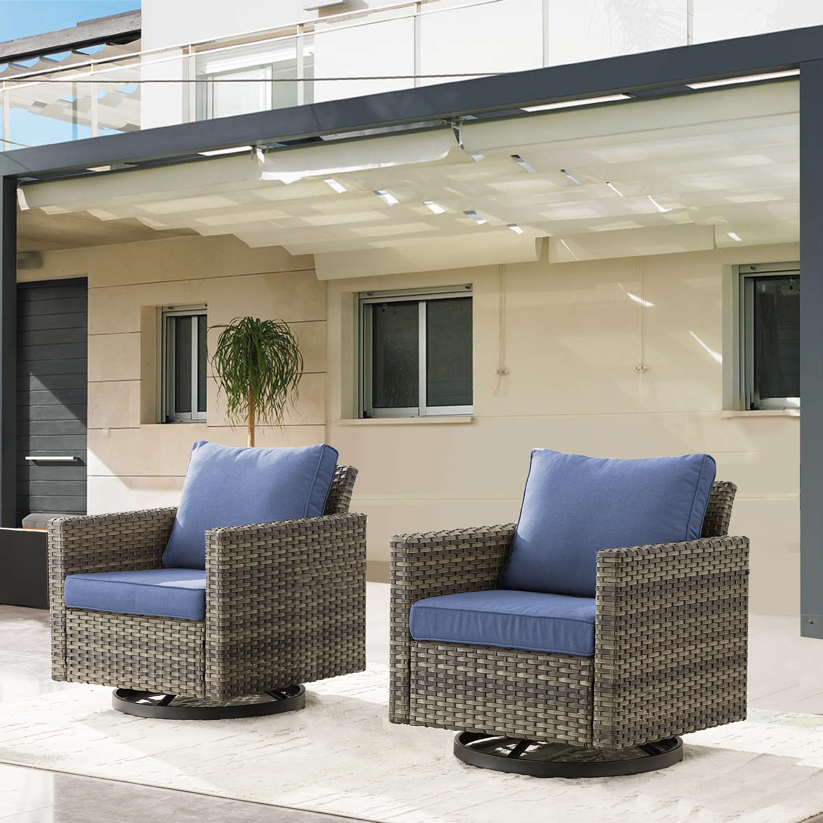 Artfurniz Patio Chairs Wicker Swivel Rocker Set of 2 - Heavy Duty Patio Furniture Set 350LBS Max Load Wicker Outdoor Swivel Glider Rocking Chairs for Porch Balcony Deck Poolside - Grey/Blue