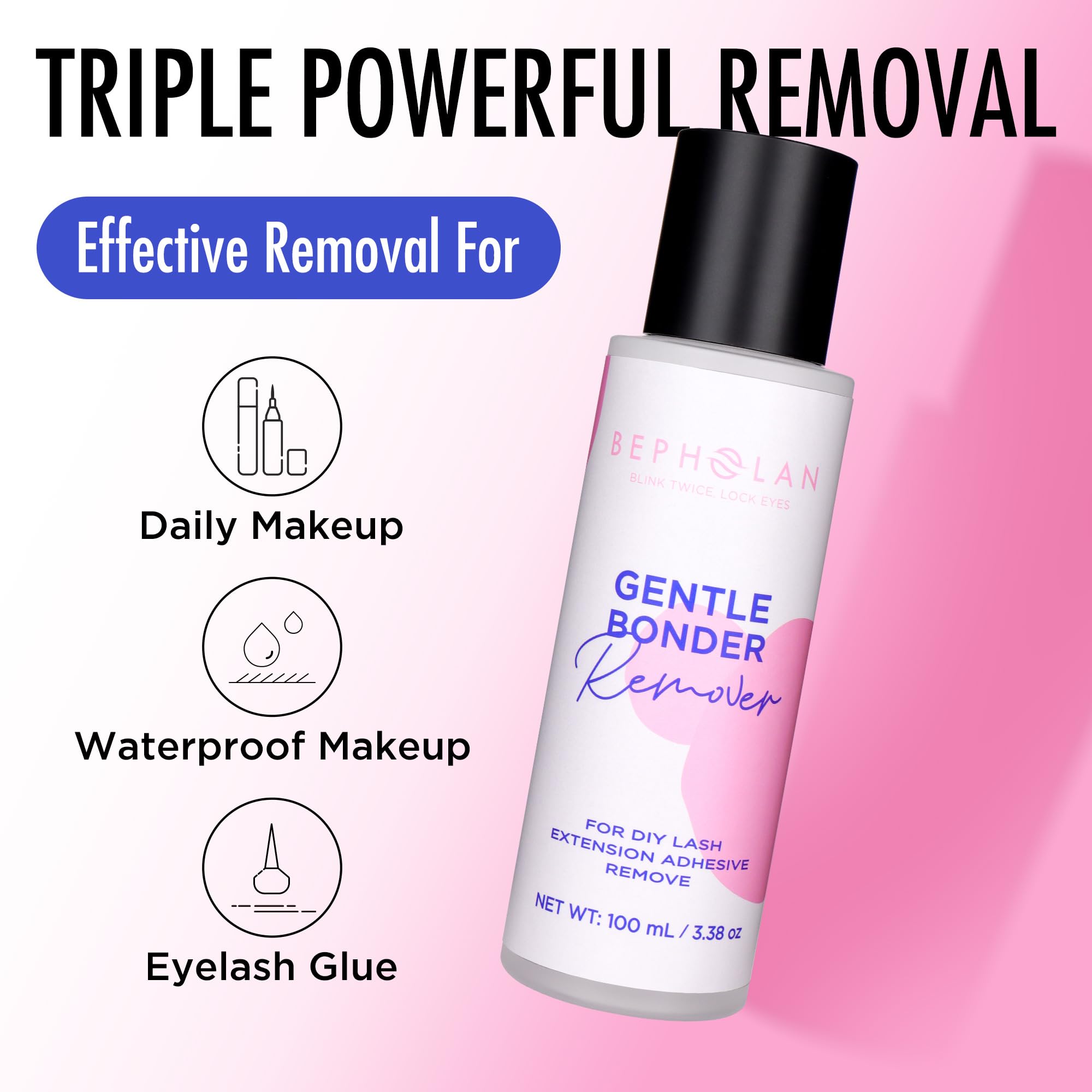 BEPHOLAN Cluster Lash Glue Remover 100ml, DIY Eyelash Extension Remover, Bond & Seal Adhesive Professional & Self Use, for Sensitive Eyes, Eye Makeup & Mascara Remover