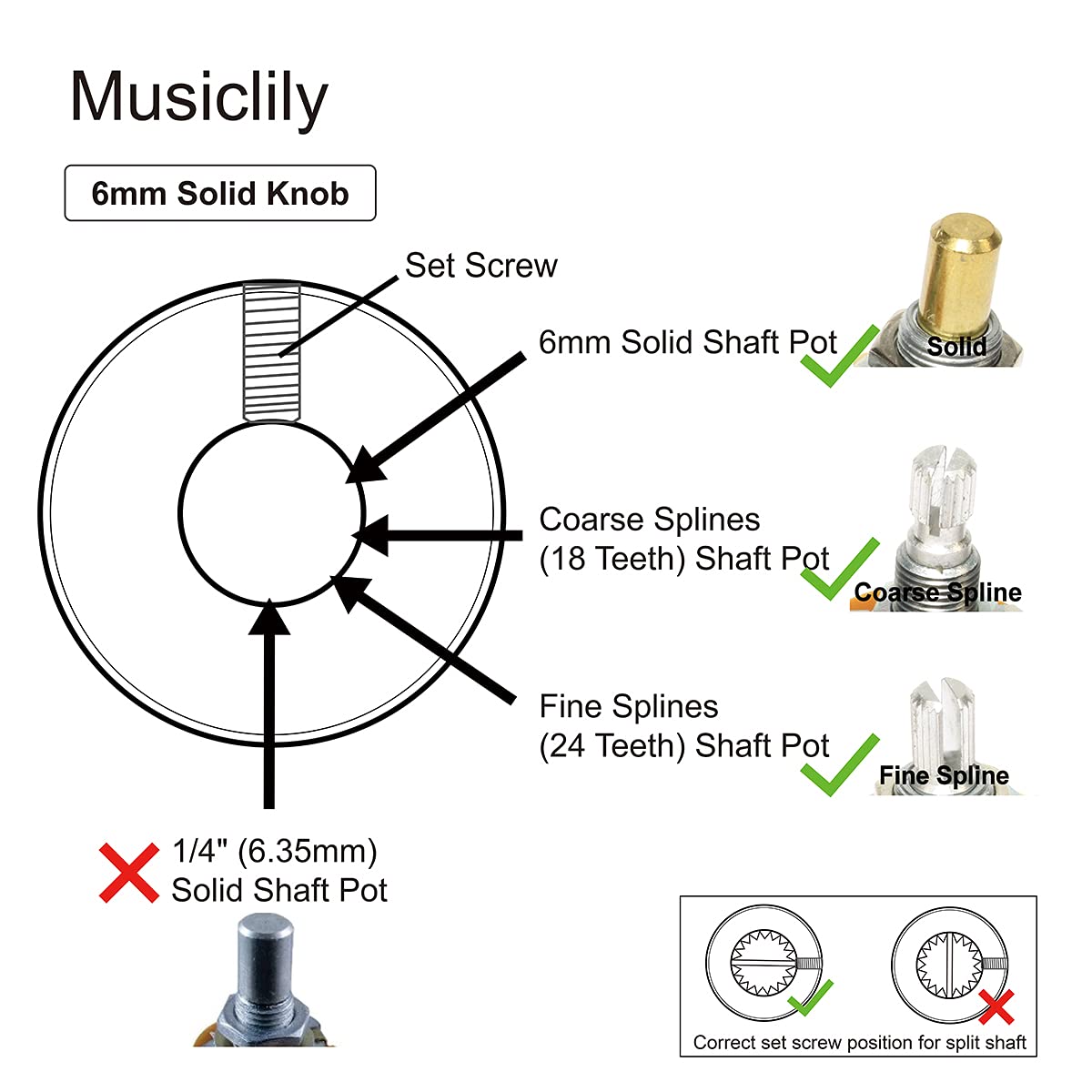 Musiclily Pro 6mm Steel Knurled Flat Top Barrel Knobs with Set Screw for Telecaster Electric Guitar or Precision Bass, Chrome (Set of 2)