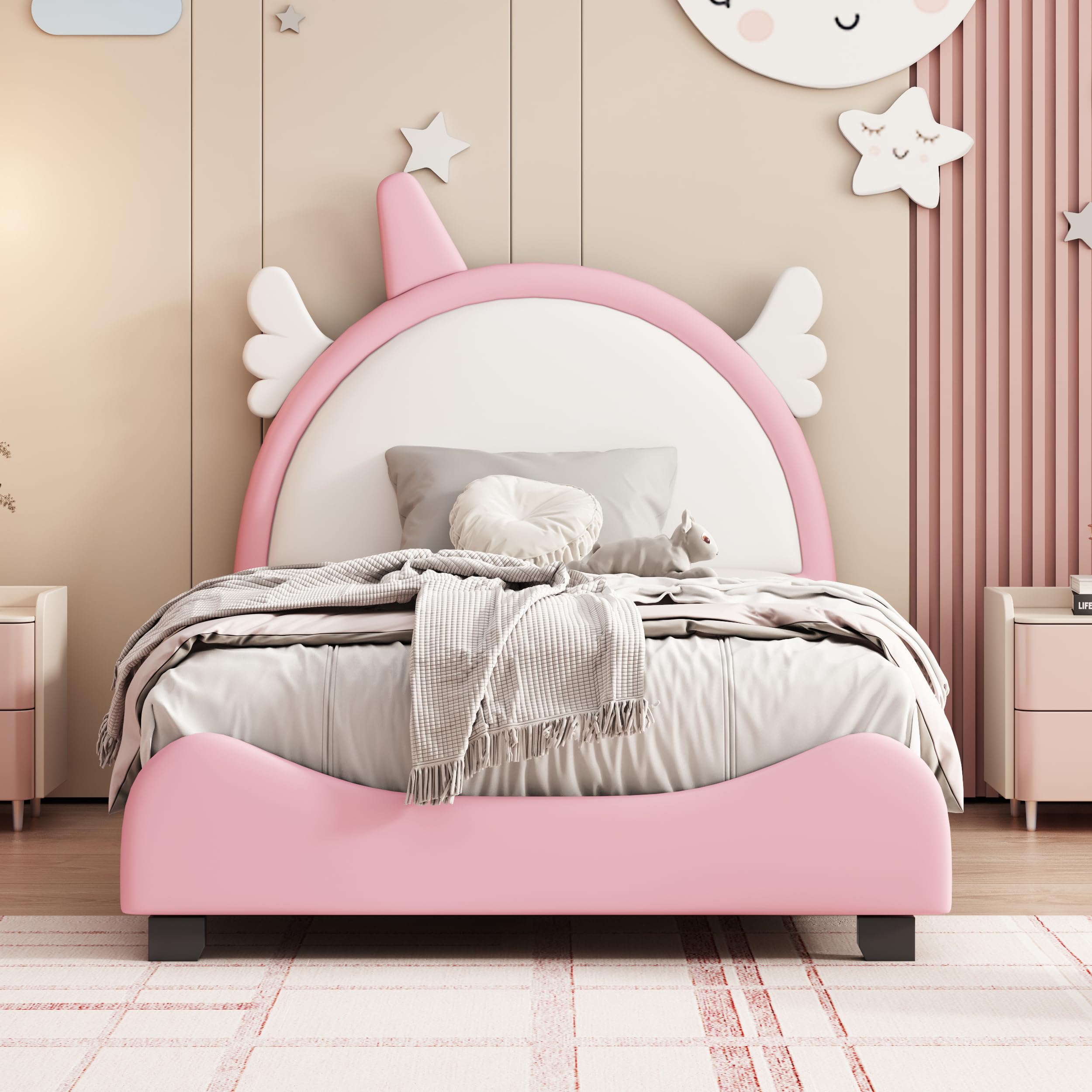Bellemave Twin Size Princess Bed Frame with Unicorn Shape Headboard,PU Upholstered Princess Twin Bed for Girls,Kids Twin Platform Bed(Twin,Pink)