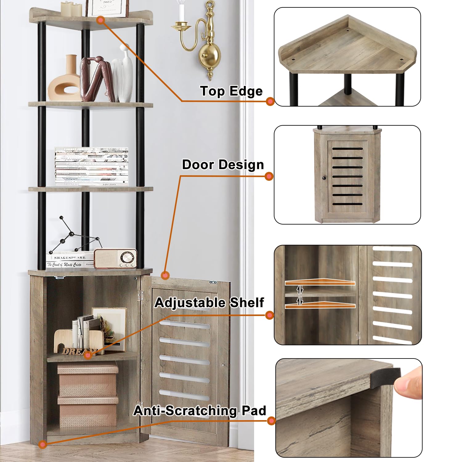 Timberer 6-Tier Corner Shelf with Storage, Corner Bookshelf, 74.2" Tall Corner Stand Display Storage Rack for Living Room, Home Office, Kitchen, Bar, Small Space, Greige and Black