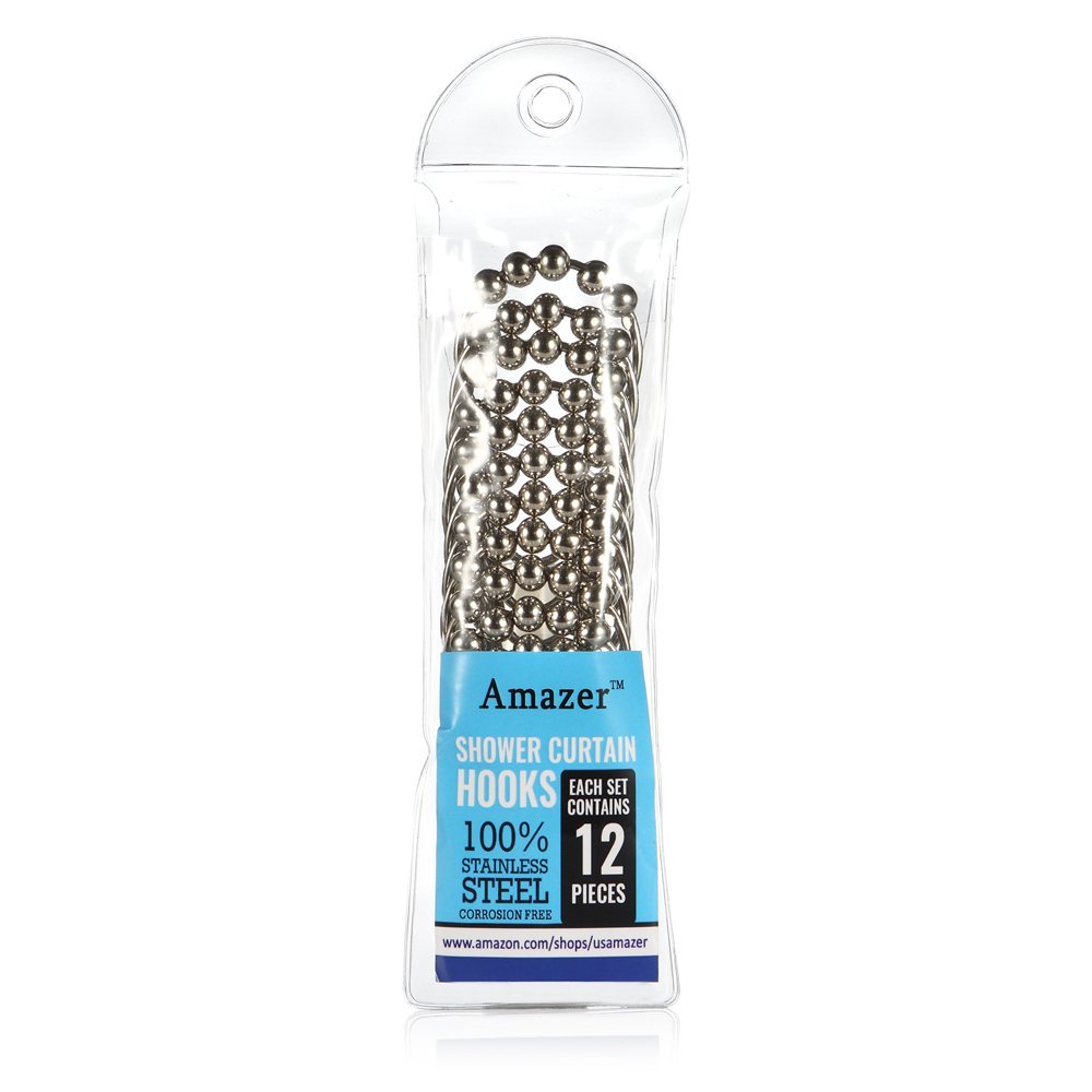 Amazer Shower Curtain Hooks, Decorative Rust Proof Stainless Steel Shower Curtain Hooks for Bathroom Shower Rods Set of 12, Polished Nickel