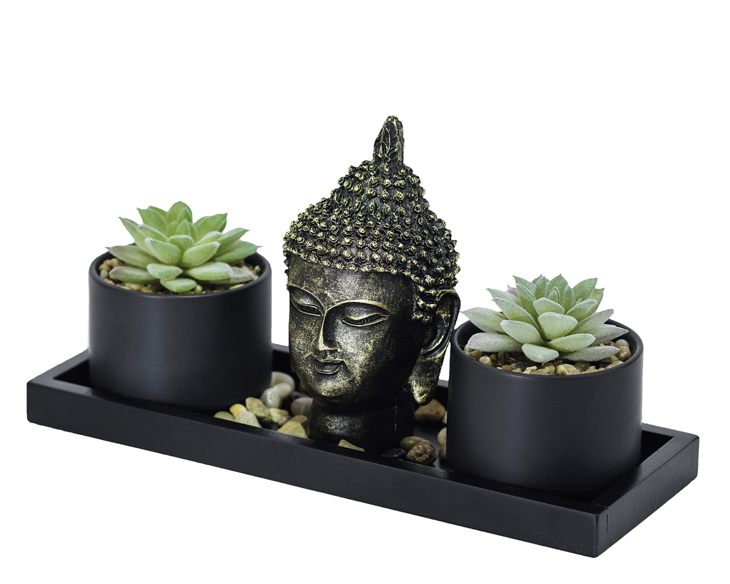 Buddha Statue & Succulent Zen Garden Set- Buddha Head Statue w/ Wooden Display Tray & Stones| Buddha Decor For Home Decor. Beautiful & Peaceful. Great Meditation Gifts.