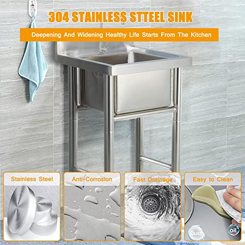 ALEEJA Commercial Kitchen Sink Free Standing Single Bowl Sink, 50/60cm Stainless Steel Single Bowl Square Drop in Basin Sink with Faucet for Bathroom Restaurant