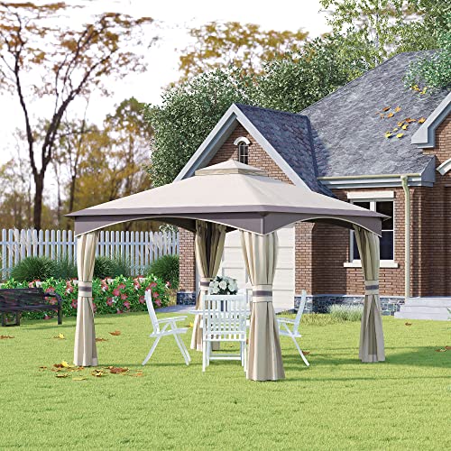Outsunny 10' x 10' Outdoor Gazebo with Mesh Netting Sidewalls for Shade and Rain, Patio Gazebo Canopy with 2-Tier Soft Top Roof and Steel Frame for Lawn, Garden, Backyard and Deck