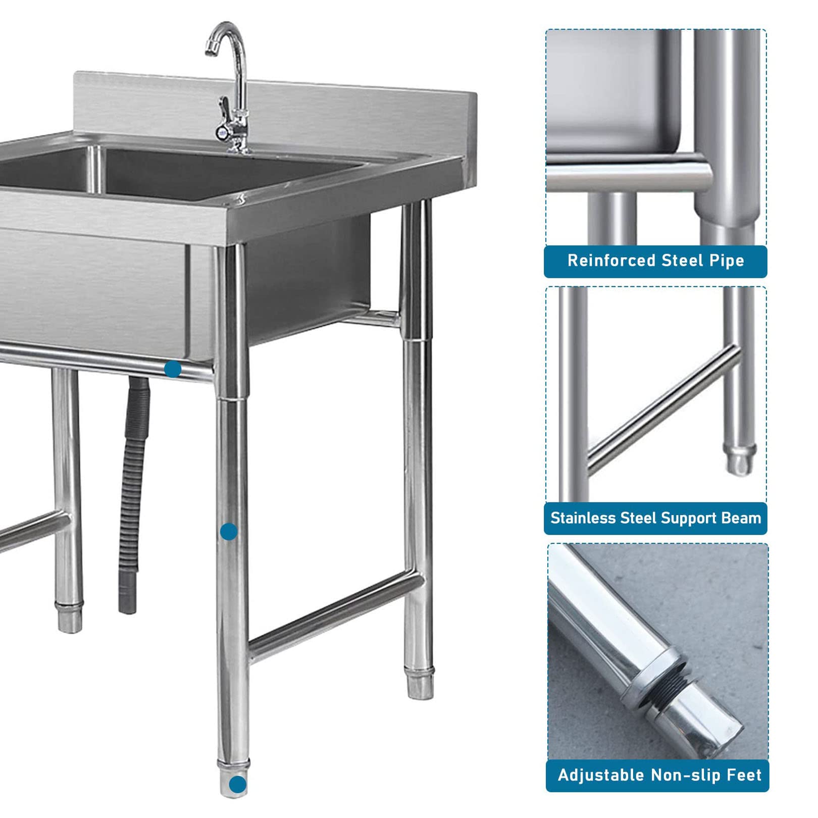 ALEEJA Sinks for Kitchen Bathroom Restaurant Farmhouse Laundry Free Standing Catering Commercial Sink 304 Stainless Steel Single Bowl Sink