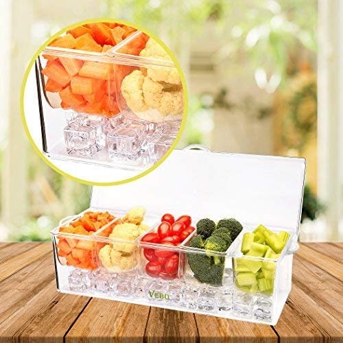 VEBO Ice Chilled 5 Compartment Condiment Server Caddy - Serving Tray Container with 5 Removable Dishes with over 2 Cup Capacity Each and Hinged Lid | 3 Serving Spoons + 3 Tongs Included