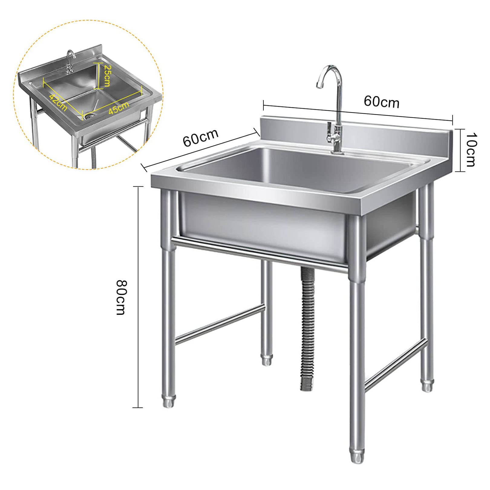 ALEEJA Stainless Steel Kitchen Sink, 1 Compartment Free Standing Utility Sink with Faucet, Single Bowl Sink Unit Wash Basin for Restaurant, Laundry, Garage