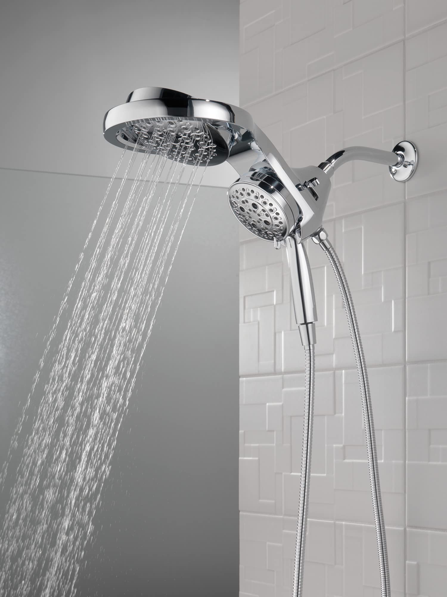 Delta Faucet HydroRain 5-Spray H2Okinetic Dual Shower Head with Handheld Spray, Chrome Shower Head with Hose, Handheld Shower Heads, Detachable Shower, 2.5 GPM Flow Rate, Lumicoat Chrome 58680-PR25