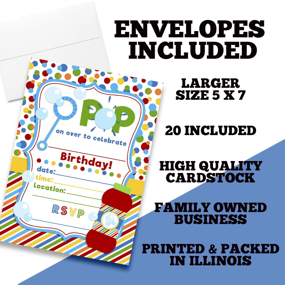 Bubble Birthday Party Invitations, 20 5x7 Fill In Cards with Twenty White Envelopes by AmandaCreationâŚ