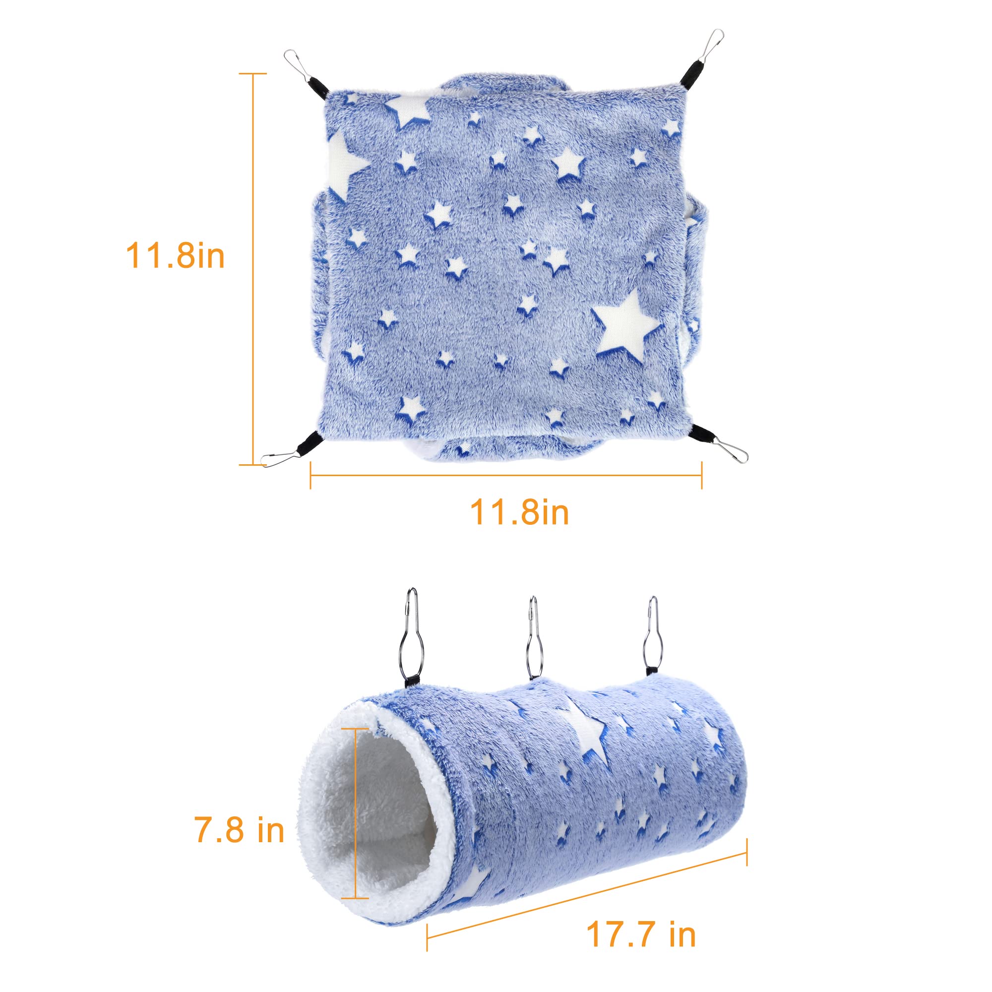 Filhome Guinea Pig Bed, Luminous Guinea Rat Ferret Hammock 2 Pcs Hanging Tunnel and Soft Bed Mat for Small Pet Chinchilla Gerbil Hedgehog Squirrel Hideout Cage Accessories (Bunkbed Hammock and Tunnel)
