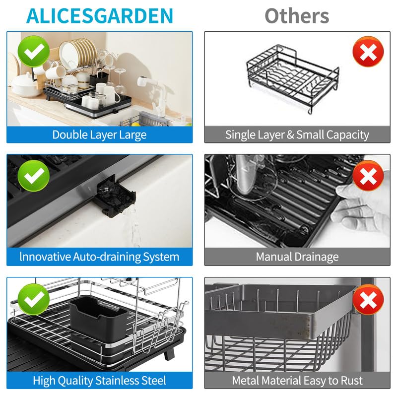 ALICESGARDEN Dish Drying Rack, 2 Tier Dish Rack, Expandable Bottom Dish Racks for Kitchen Counter with Utensil Holder Cutting Board Holder,Rust-Proof Stainless Steel Drying Rack for Kitchen Sink