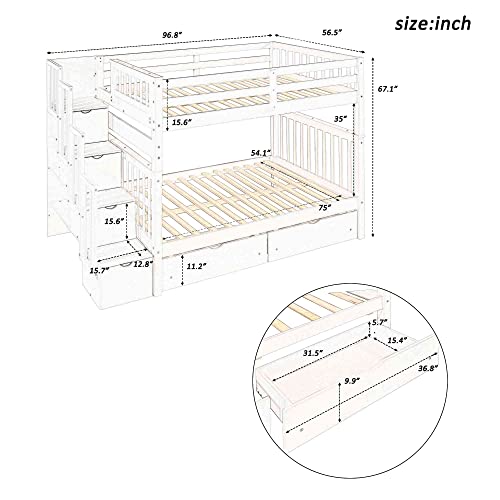 Cotoala Full Over Full Bunk Bed with Stairs and 6 Storage Drawers, Wooden Bunkbed w/ 3 Shelves, No Box Spring Needed, Perfect for Bedroom, Grey