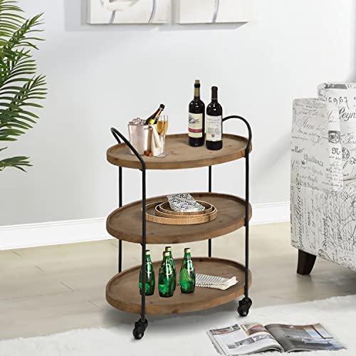 The Urban Port 23-Inch Wood Bar Cart with 3-Tier Storage Trays and Metal Frame, Brown and Black