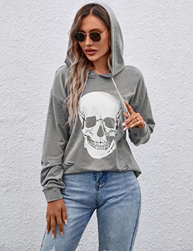 Blooming Jelly Women's Skeleton Hoodie Skull Graphic Hoodies Long Sleeve Top Pullover Oversized Sweatshirt（X-Large,Grey-Hoodie）