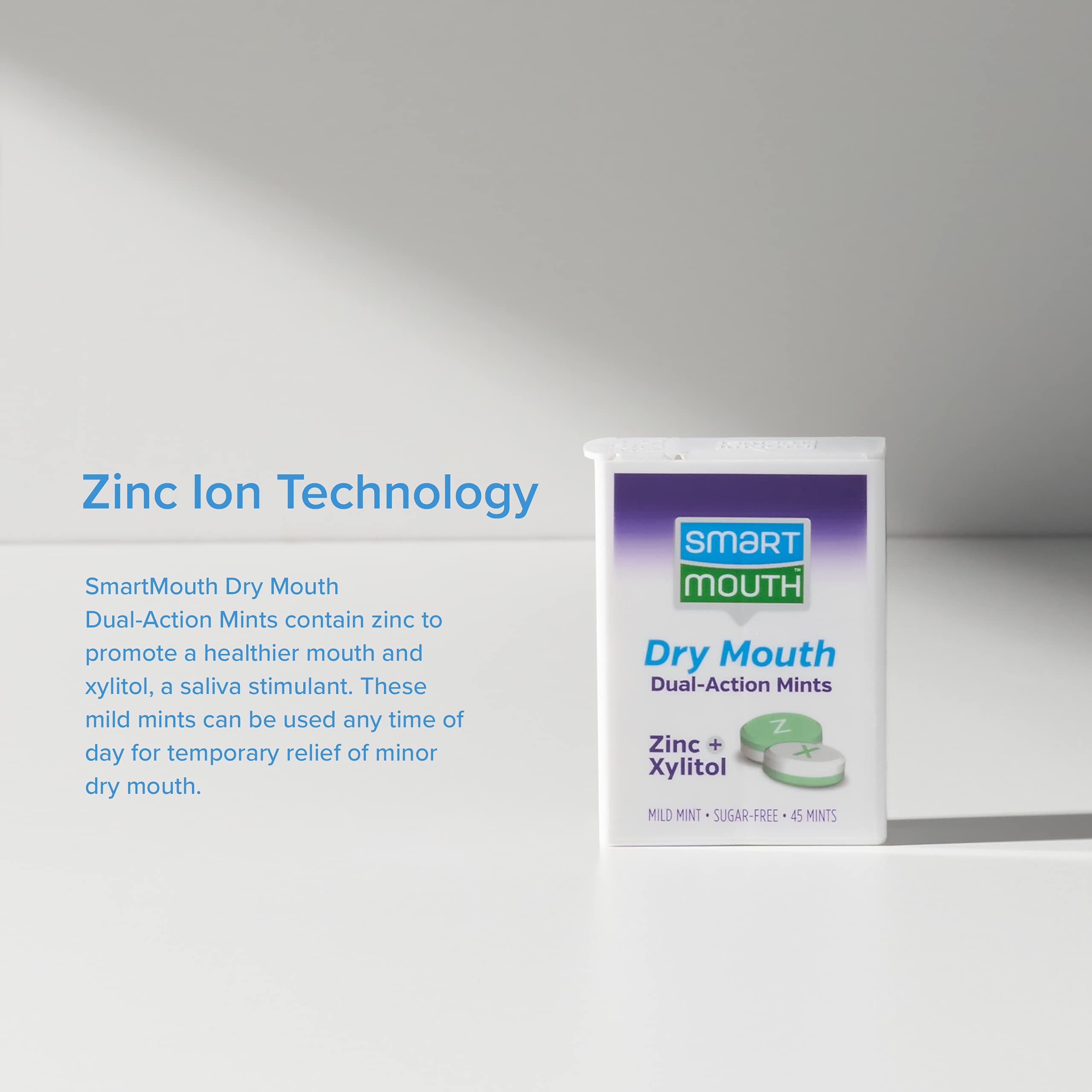 SmartMouth Dry Mouth Dual-Action Relief Mints, Breath Freshener, Sugar-Free Mint, 45 Ct, 8 Pack