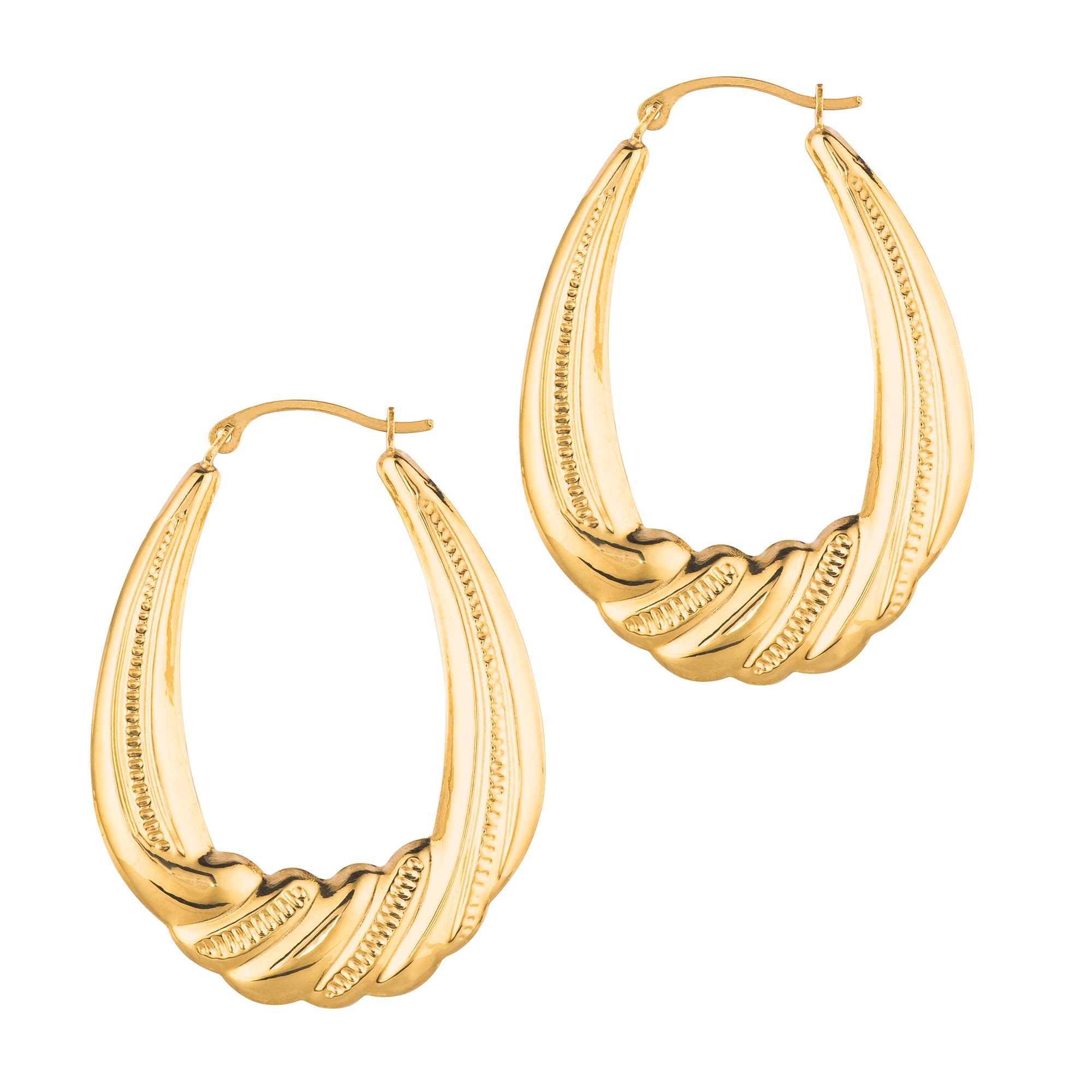 Aleksa Ladies 14K Yellow Gold Twisted Textured Shiny Graduated Oval Shape w/Ridge Symbolic Hoop Earrings
