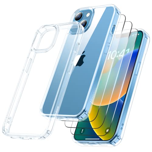 Huness [4 in 1 Designed for iPhone 14 Case/iPhone 13 Case, with 3 Pack Tempered Glass Screen Protector [Non-Yellowing ] [Military Drop Protection] Shockproof Slim Fit 6.1 Inch, Clear