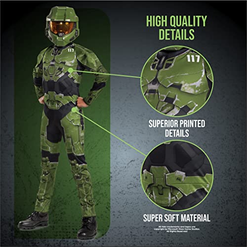 Halo Infinite Master Chief Costume, Kids Size Video Game Inspired Character Jumpsuit, Classic Child Size Large (10-12), Green & Black