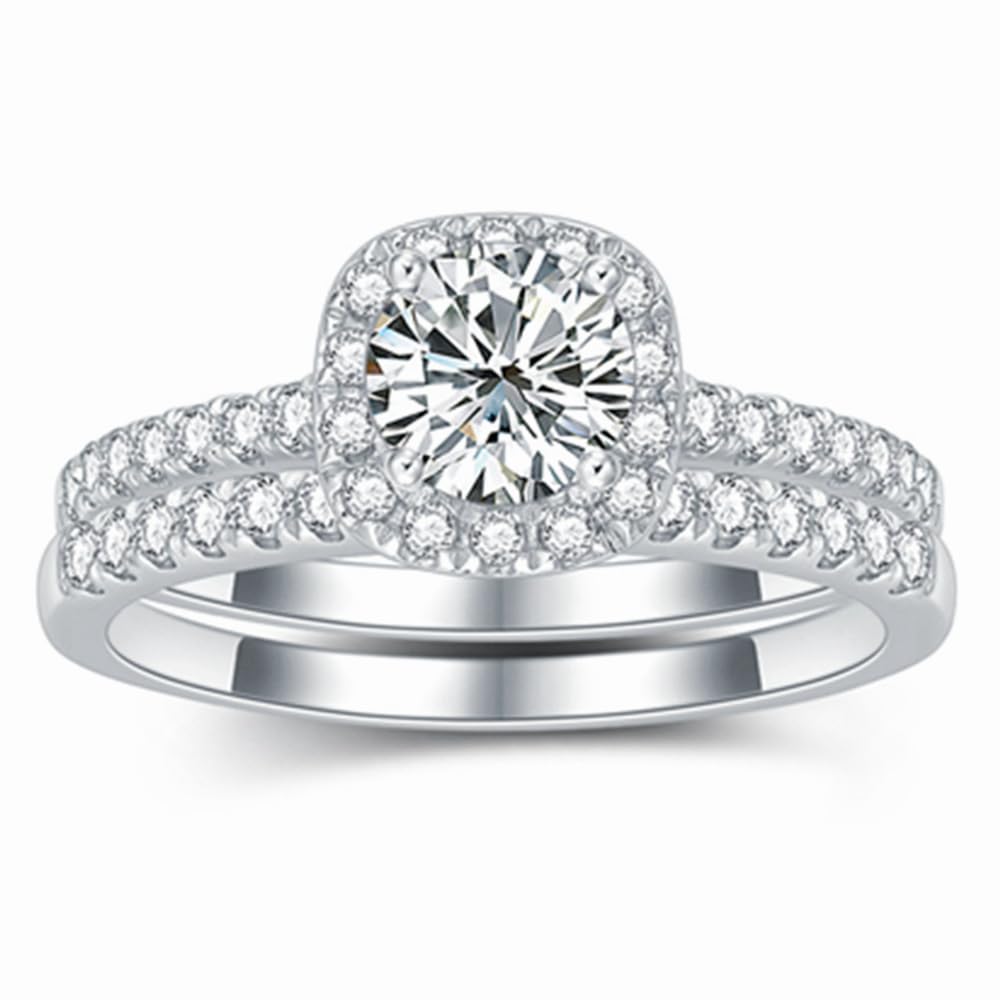 Halo Wedding Ring Set for Women Bridal Sets Wedding Rings Platinum Plated Silver, 1-1/2 Carat (ctw) Moissanite Engagement Ring Set White Gold Anniversary Promise Rings(size 7)