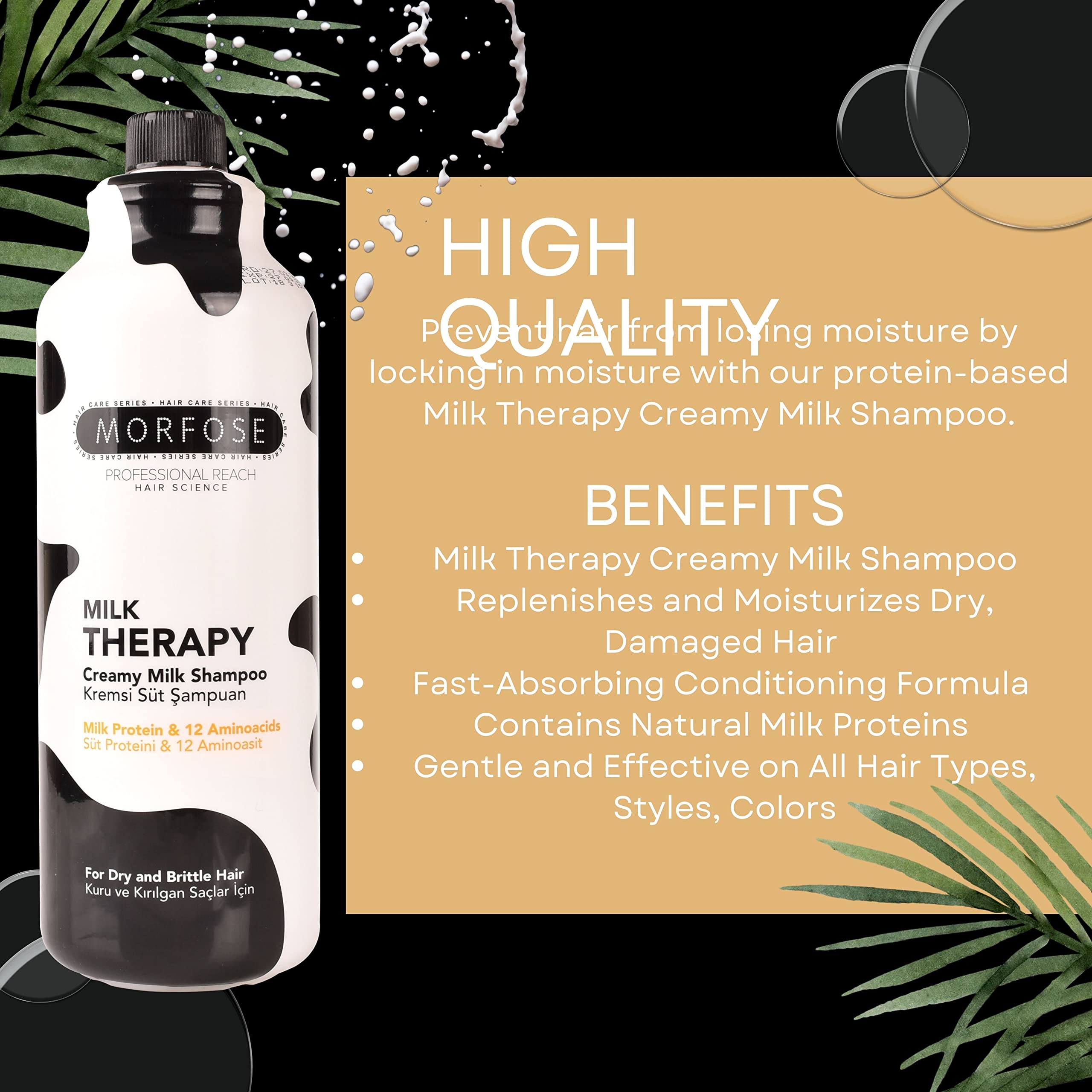 Morfose Professional Milk Therapy Creamy Hair Shampoo for Dry, Damaged, or Brittle Strands, Repairs and Protects, fuller, healthier, softer look, Eliminates Dryness, Damage, and Split Ends, 1000 ml