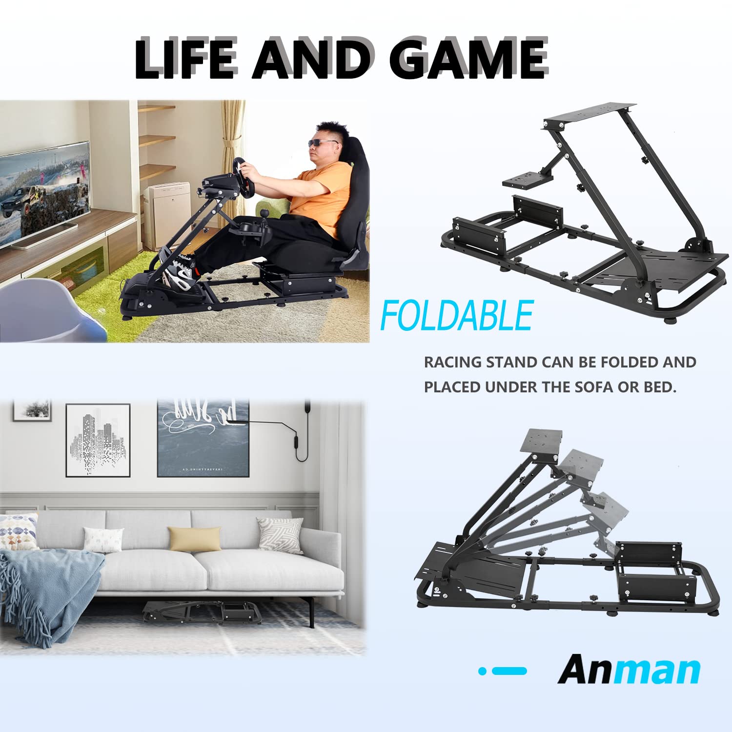 Anman Foldable Simulator Cockpit Red Seat fit for Logitech/Fanatec/Thrustmaster g25,g923,g920,G PRO,T-GT,T248x,T80,T300RS,V9 V12,Height Classic Square Racing wheel Stand,NOT Include Electronics