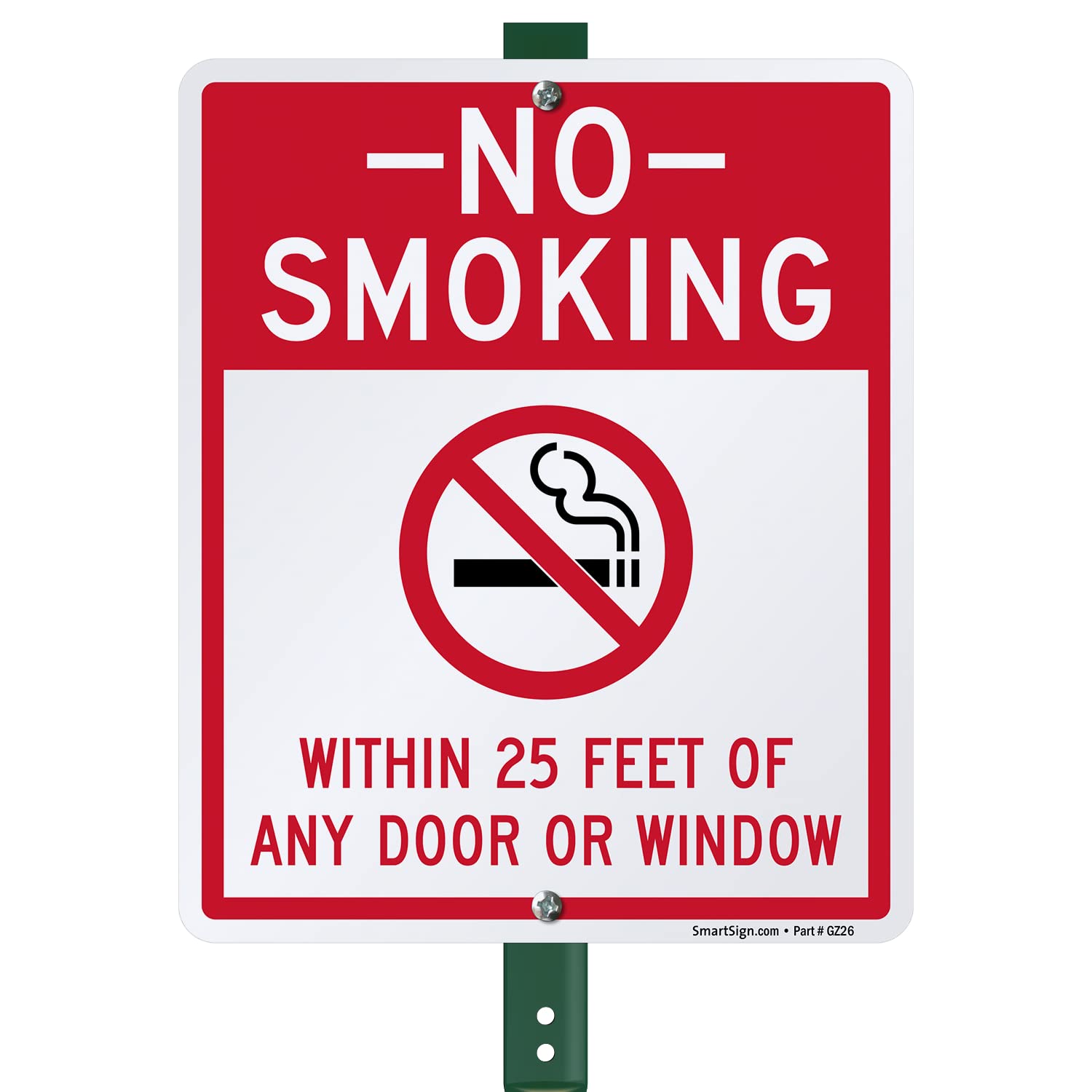 SmartSign 12 x 10 inch “No Smoking Within 25 Feet Of Any Door Or Window” LawnBoss Yard Sign with 3 foot Stake, 40 mil Laminated Rustproof Aluminum, Red, Black and White, Set of 1, Made in USA
