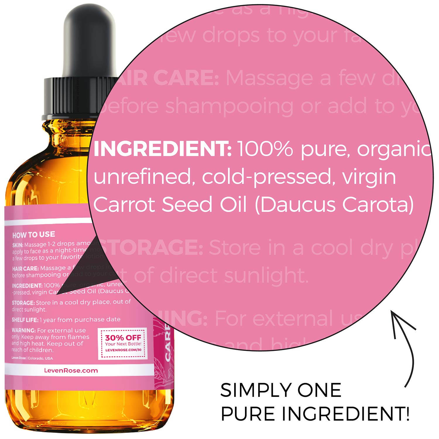 Leven Rose Carrot Seed Oil Pure Unrefined Cold Pressed Moisturizer for Hair Skin and Nails 1 oz