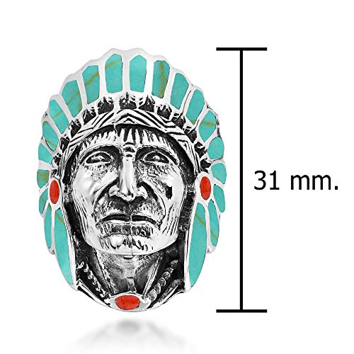 AeraVida Simulated Green Turquoise & Reconstructed Red Coral Accented Native American Style .925 Sterling Silver Ring
