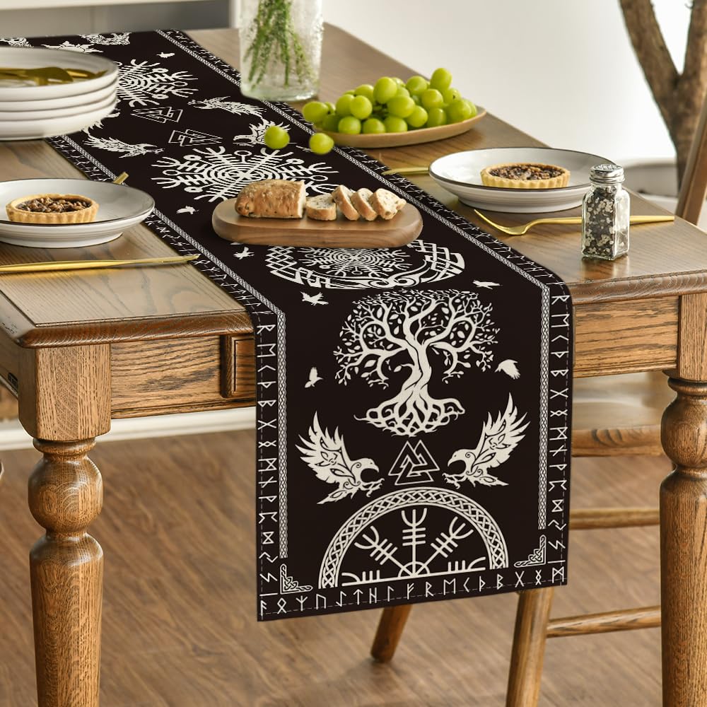 Artoid Mode Black Viking Tree of Life Raven Helmet of Awe Table Runner, Seasonal Kitchen Dining Table Decoration for Home Party Decor 13x72 Inch