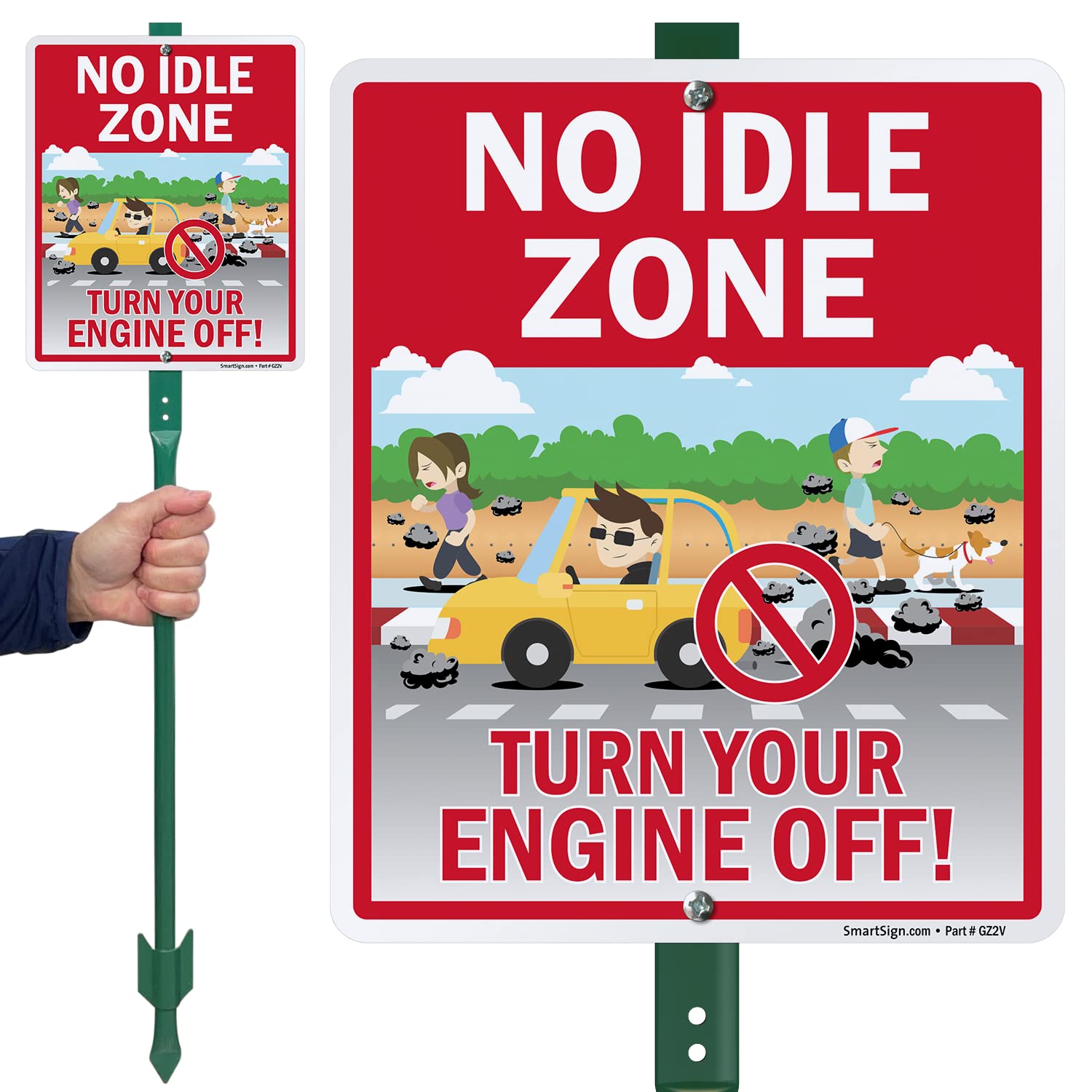 SmartSign 12 x 10 inch “No Idle Zone - Turn Your Engine Off” LawnBoss Yard Sign with 3 foot Stake, 40 mil Laminated Rustproof Aluminum, Multicolor, Set of 1, Made in USA