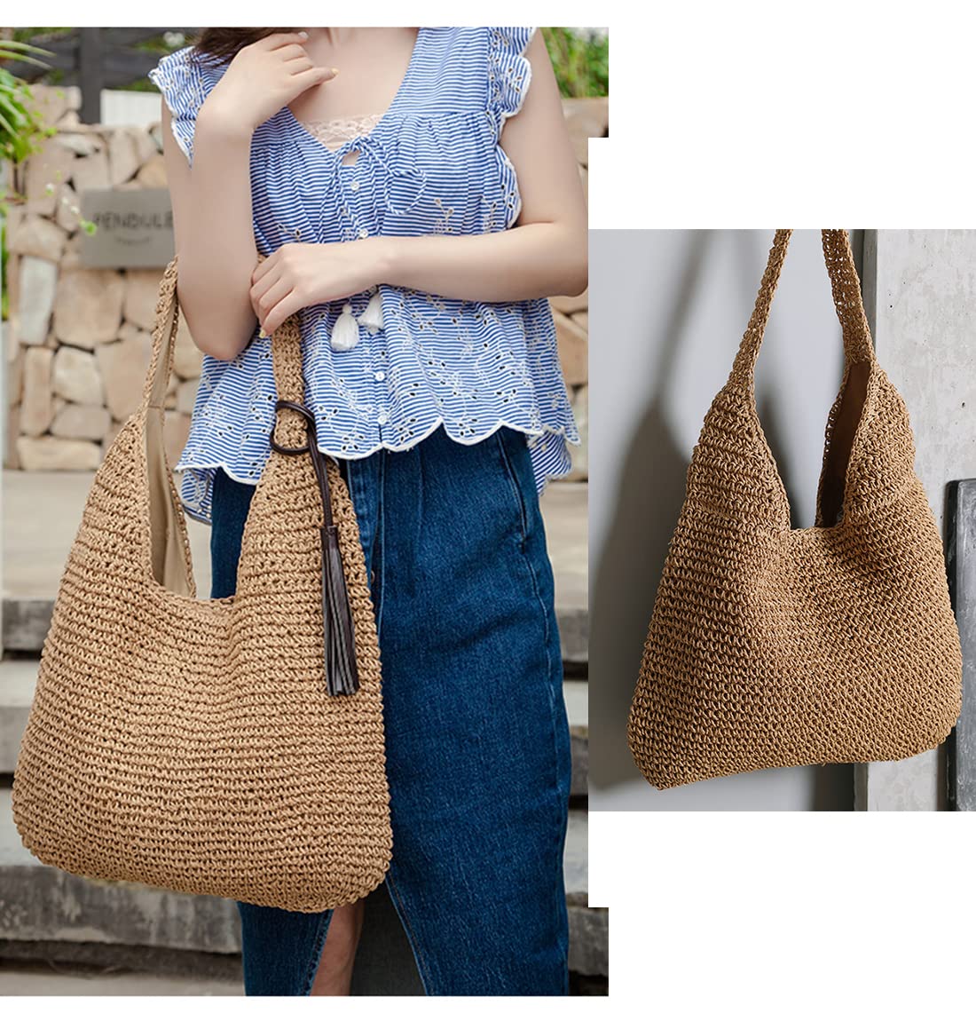 JBRUN Women Straw Shoulder Bag Handmade Woven Handbag Summer Beach Tote Straw Leather Handle Large Bucket Bag (E-Brown)