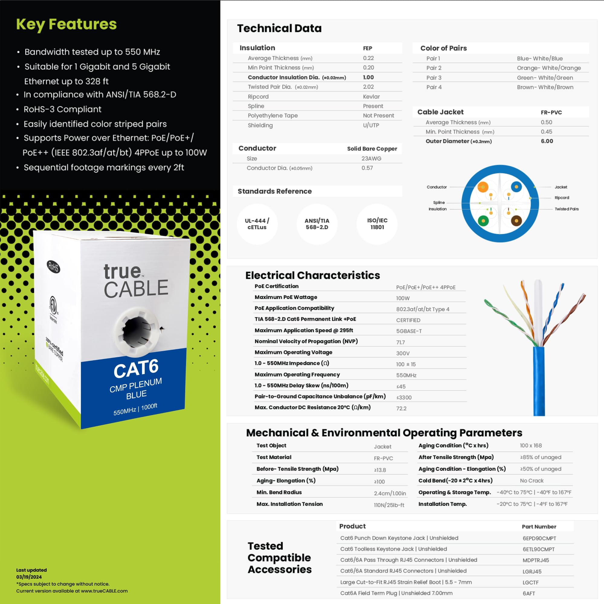 trueCABLE Cat6 Plenum (CMP), 1000ft, Blue, 23AWG 4 Pair Solid Bare Copper, 550MHz, PoE++ (4PPoE), ETL Listed, Unshielded Twisted Pair (UTP), Bulk Ethernet Cable