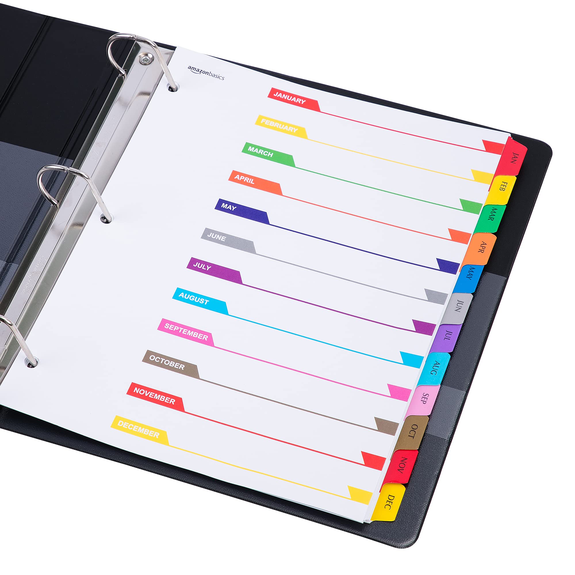 Amazon Basics 12 Tab Monthly Dividers for 3 Ring Binder, Customizable Table of Contents Page, Multicolor, 10-Pack