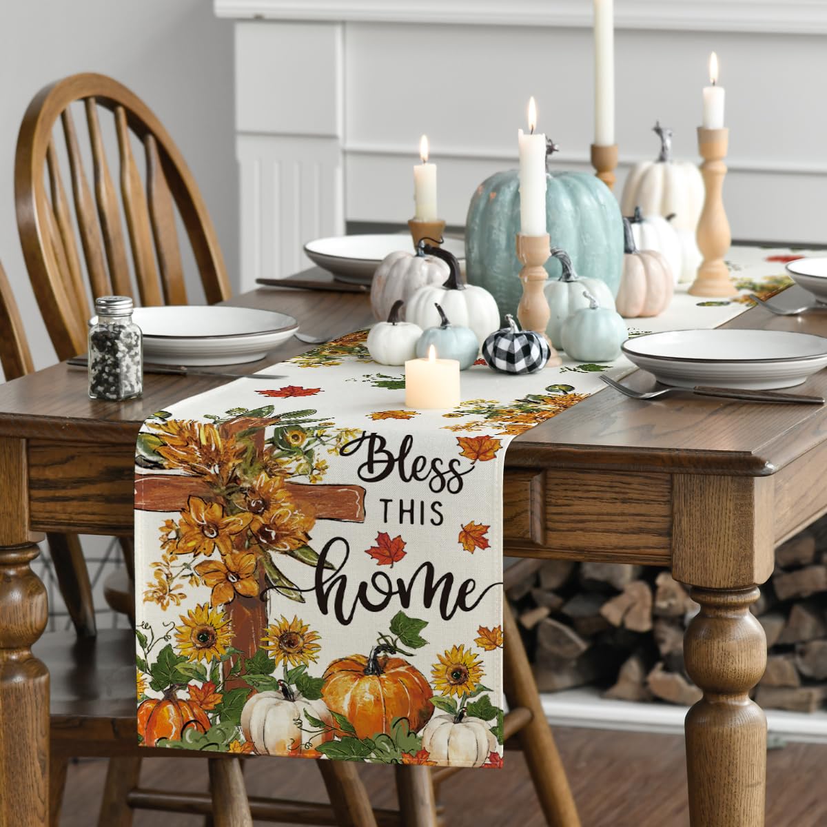 Artoid Mode Cross Pumpkins Fall Table Runner, Bless This Home Seasonal Autumn Kitchen Dining Table Decoration for Home Party Decor 13x72 Inch