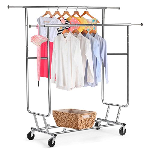 go2buy Commercial Clothing Garment Rolling Collapsible Rack Hanger Holder Double Rail