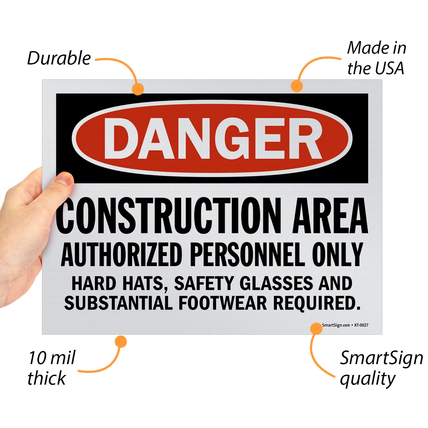 SmartSign 5-Pack 9" x 12" 'Construction Area, Authorized Personnel Only, Hard Hats/Safety Glasses Required' OSHA Signs, Screen Printed, 10 mil Polystyrene Plastic, Red/Black/White, USA-Made