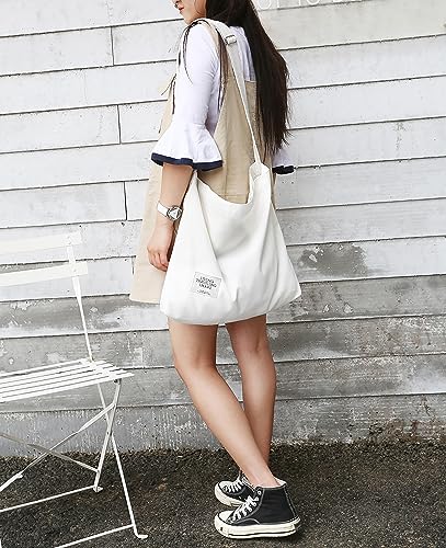 Covelin Women's Retro Large Size Canvas Shoulder Bag Hobo Crossbody Handbag Casual Tote White