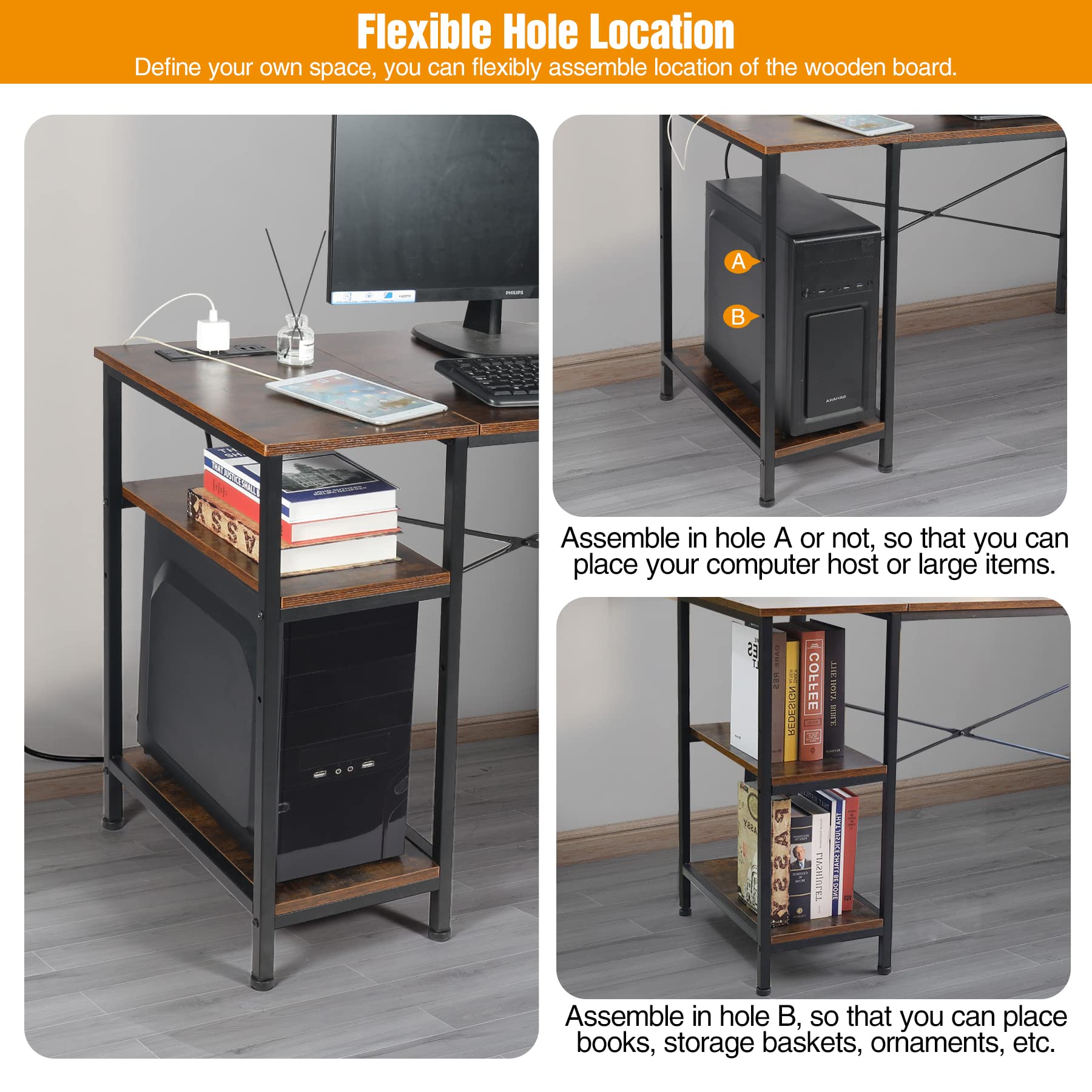 AKVOMBI 47 Inch Computer Desk with Adjustable Shelves & Power Outlet, Small Writing Desk for Small Spaces, Industrial Home Office Desk with USB Port, 2 Hooks, Rustic Brown
