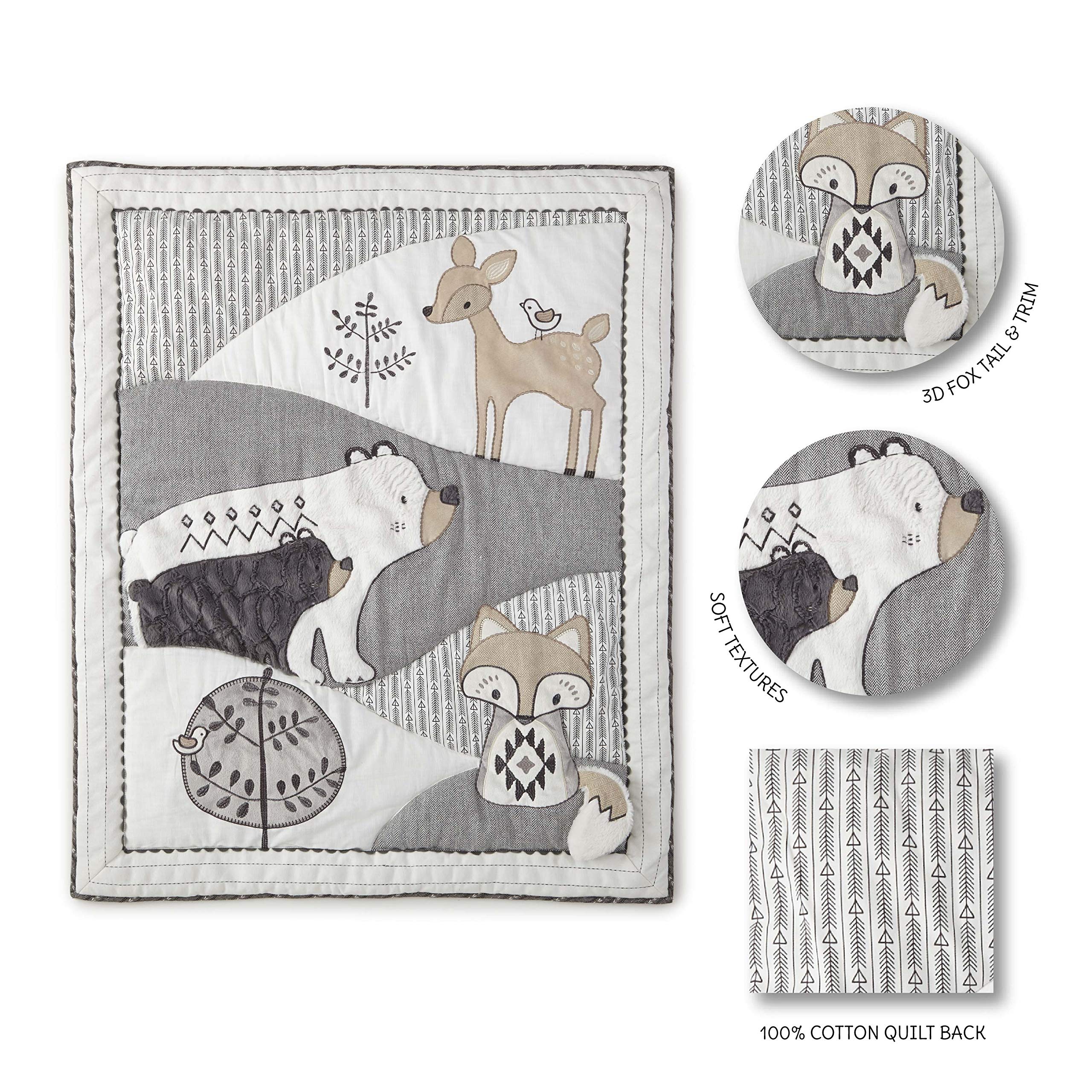 Levtex Baby - Bailey Crib Bed Set - Baby Nursery Set - Charcoal, Taupe, White - Neutral Forest Theme - 5 Piece Set Includes Quilt, Fitted Sheet, Diaper Stacker, Wall Decal & Skirt/Dust Ruffle