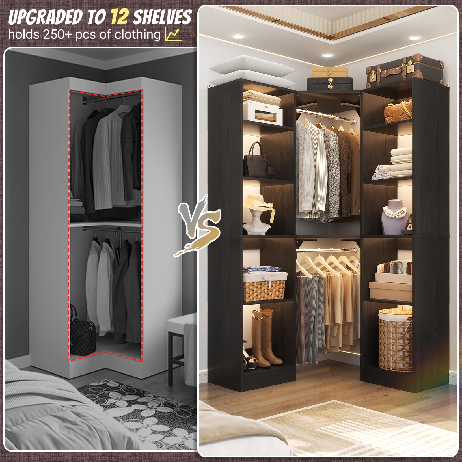 Besiost Corner Closet System with 12 Shelves, 40" Large Corner Closet Organizer System with 2 Hanging Rods, Versatile 6-Tier Walk-in Closets for Corner Space, White