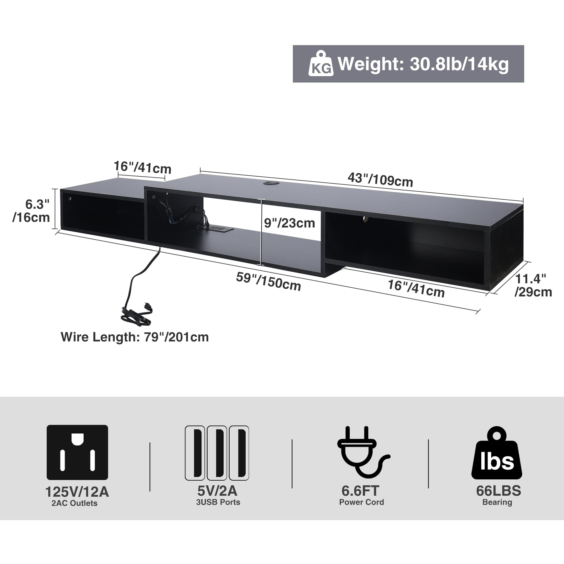 AKVOMBI 71" Floating TV Stand Wall Mounted, Floating Wall Shelf with Led Lights and Power Outlet, Floating Wall Media Console for Living Room Bedroom, Brown