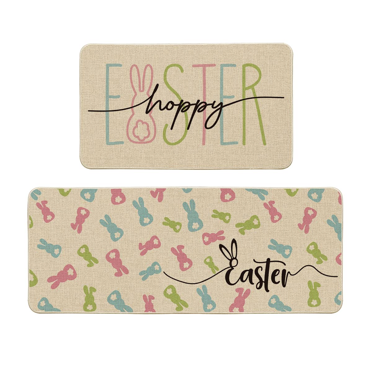 Artoid Mode Rabbit Bunny Hoppy Easter Kitchen Mats Set of 2, Spring Home Decor Low-Profile Kitchen Rugs for Floor - 17x29 and 17x47 Inch