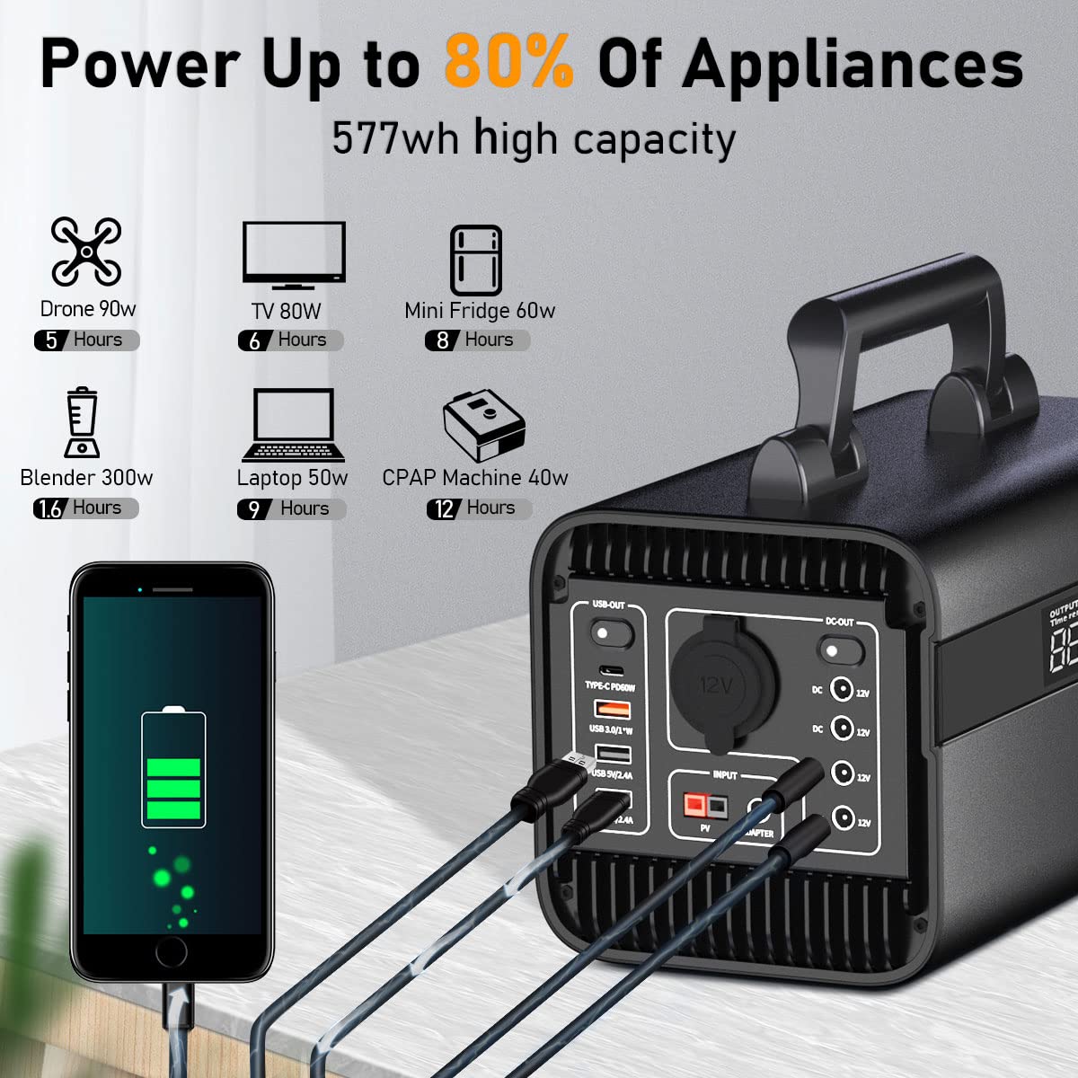 BATINO 600W/577Wh Portable Solar Power Station (Peak 1000W), Solar Generator with PD 60W Quick Charge, 3.0 Fast Charging Port,3 x Pure Sine Wave AC Outlets & LED Flashlight