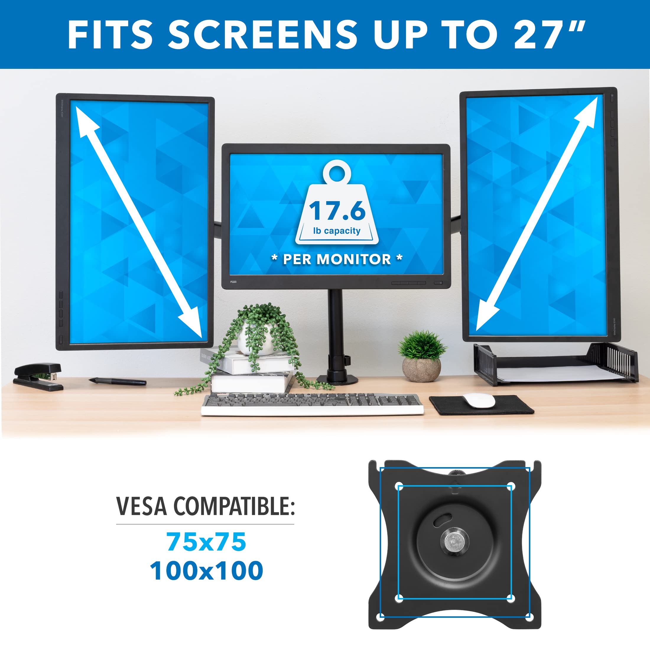 Mount-It! Triple Monitor Mount 3 Screen Desk Stand for LCD Computer Monitors for 19 20 22 23 24 27 Inch Monitors VESA 75 and 100 Compatible Full Motion, 54 lbs Capacity (MI-1753),Black
