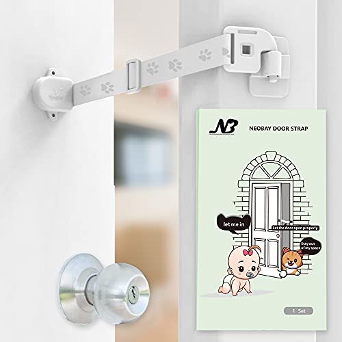 Neobay Child Proof Door Lock with Adjustable Door Strap and Latch. No Need for Interior Cat Door. Keep Toddler Out of Room with Litter Box While Let Cat in Easily.
