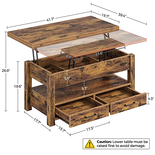 Rolanstar Coffee Table Lift Top, Multi-Function Convertible Coffee Table with Drawers and Hidden Compartment, Coffee Table Converts to Dining Table for Living Room, Home Office, Rustic Brown